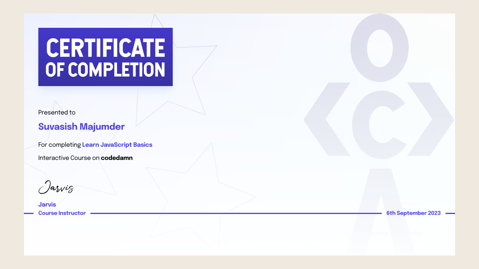 Suvasish Majumders Certification For Learn Javascript Basics Codedamn
