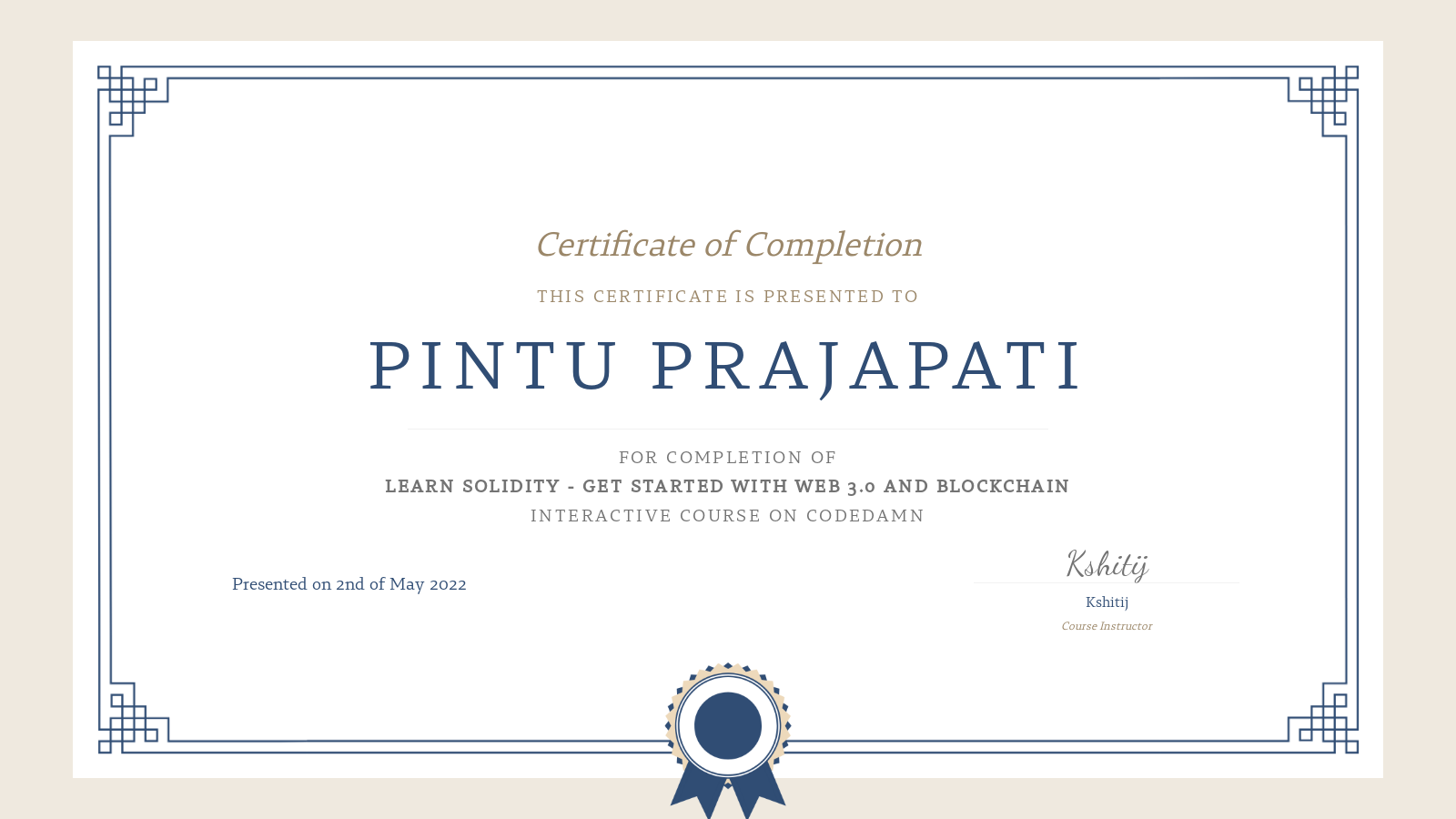 Pintu Prajapati's certification for Learn Solidity - Get Started With Web 3.0 And Blockchain ...