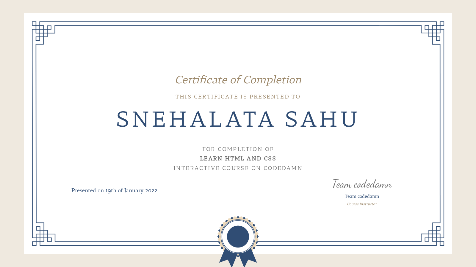 Snehalata Sahus Certification For Learn Html And Css 2023 Ready Codedamn