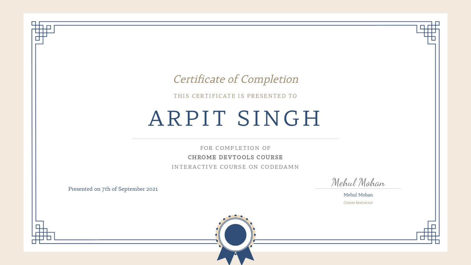 Arpit Singh's certification for Chrome DevTools Course | codedamn