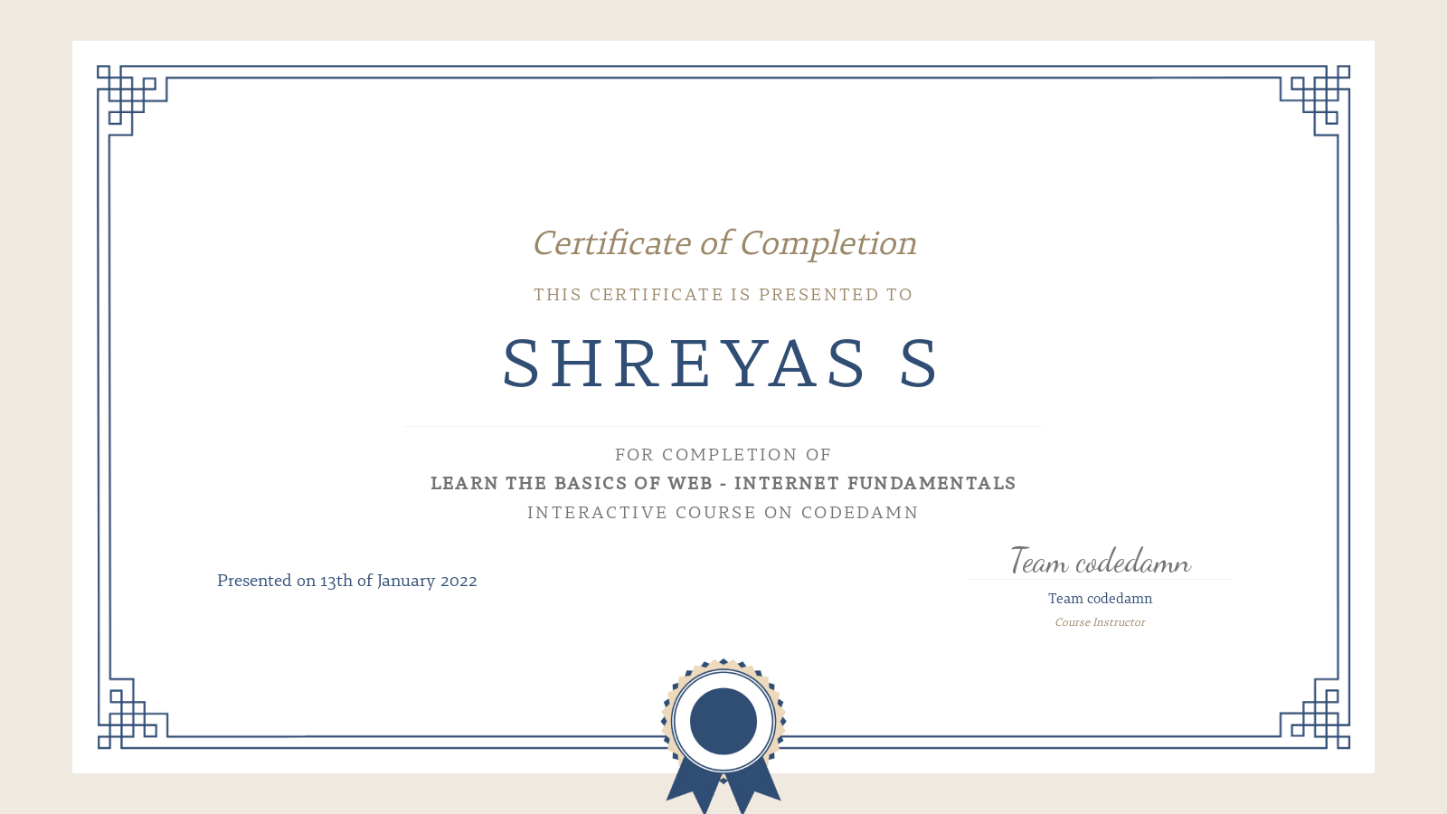 Shreyas S's certification for Learn the basics of web - Internet fundamentals | codedamn