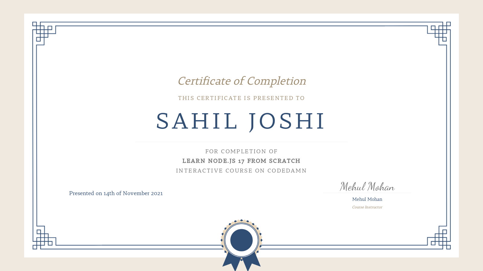 Sahil Joshis Certification For Learn Nodejs From Scratch Codedamn