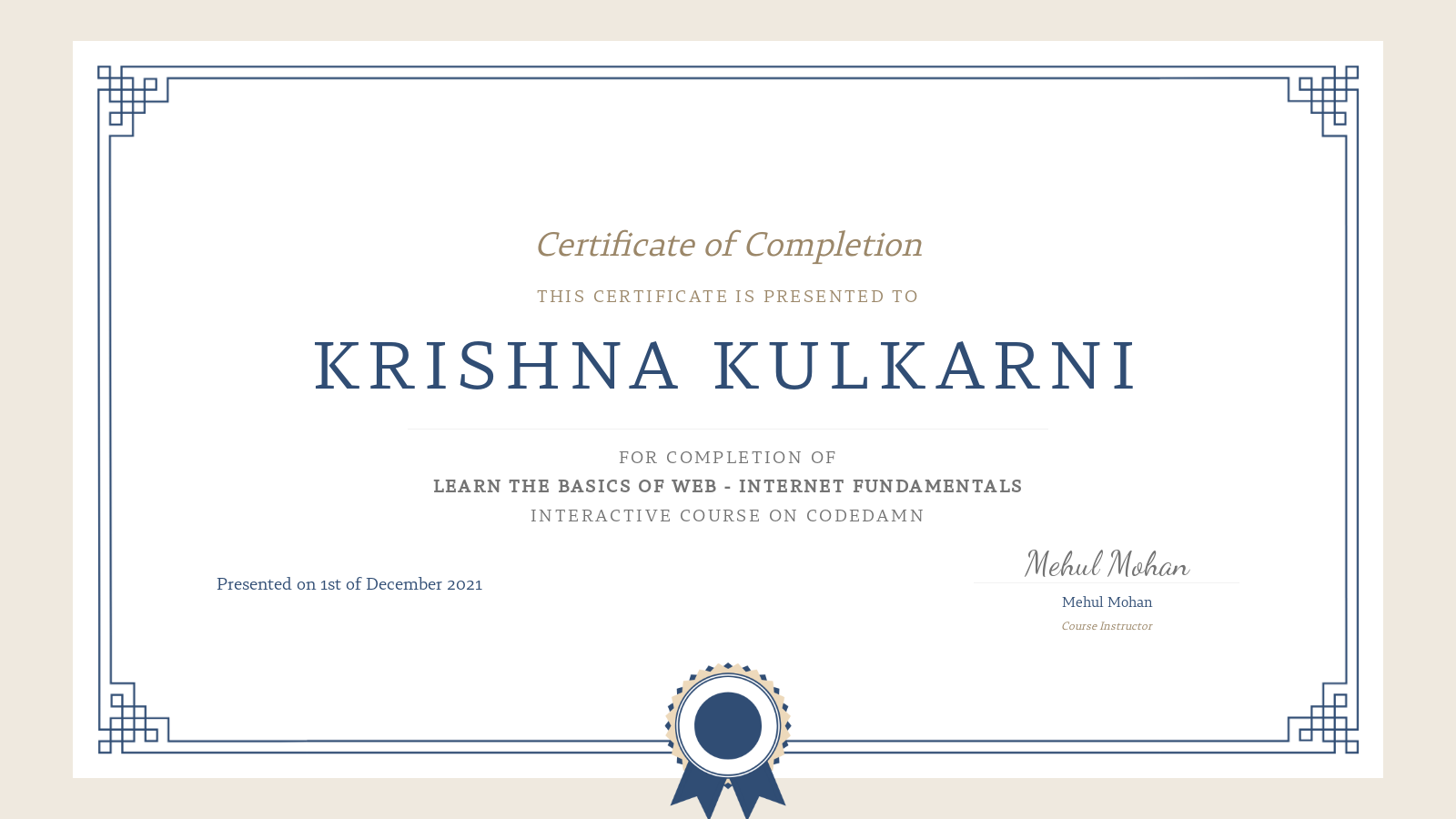 krishna kulkarni's certification for Learn the basics of web - Internet fundamentals | codedamn