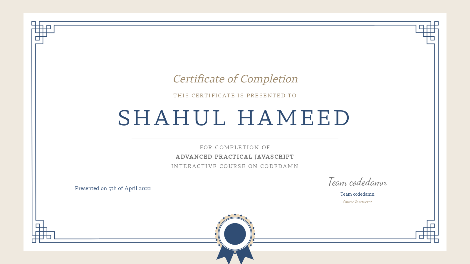 Shahul Hameed's certification for Advanced Practical JavaScript | codedamn