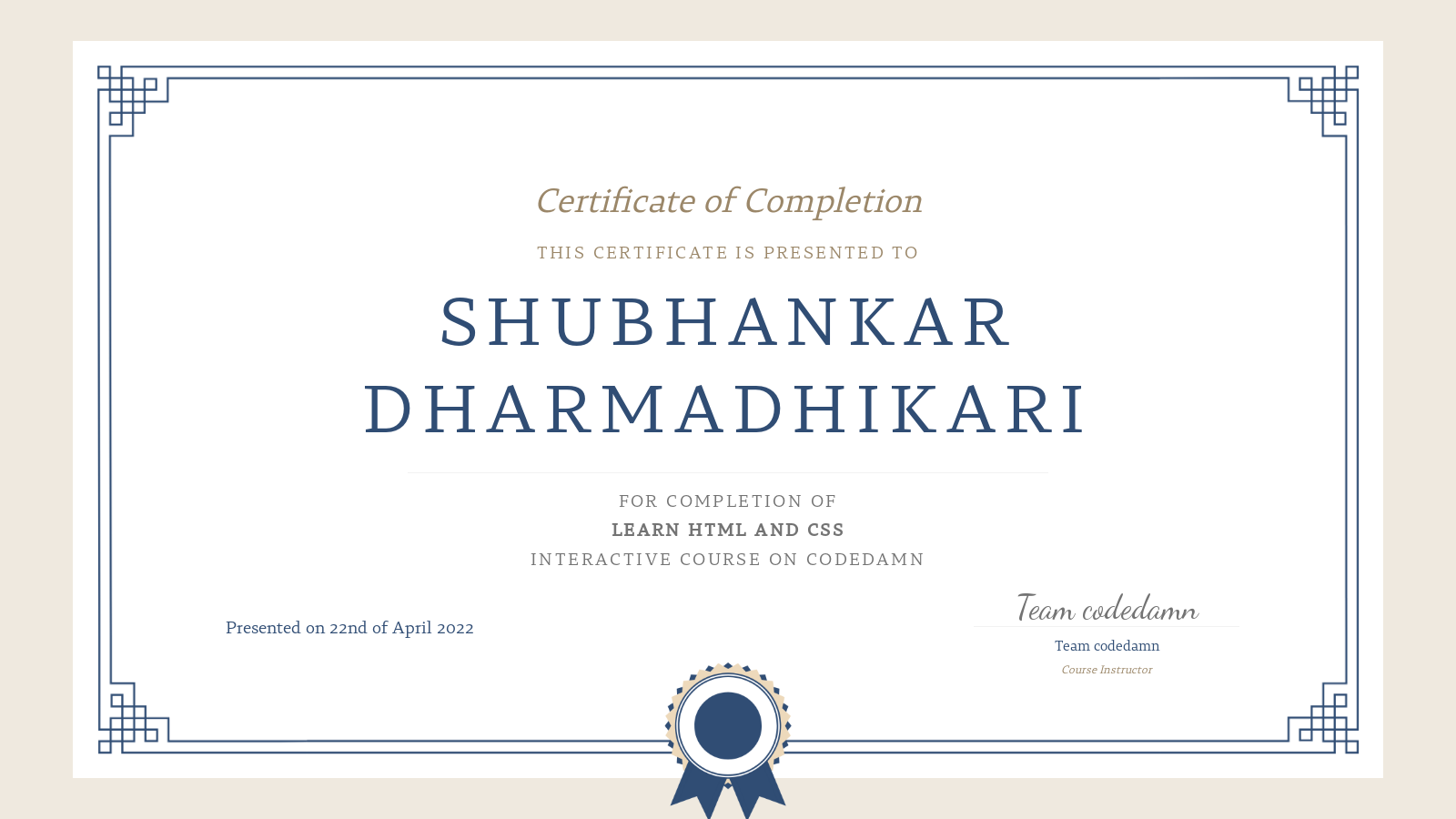 Shubhankar Dharmadhikari's certification for Learn HTML and CSS [2023 Ready] | codedamn