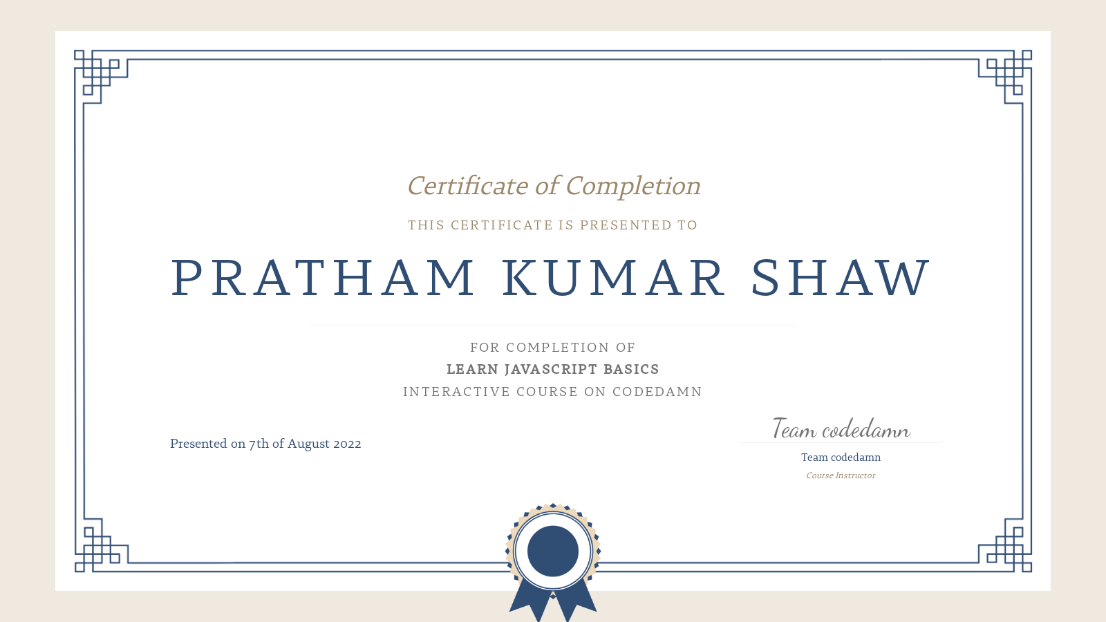 Pratham Kumar Shaws Certification For Learn Javascript Basics Codedamn 1895