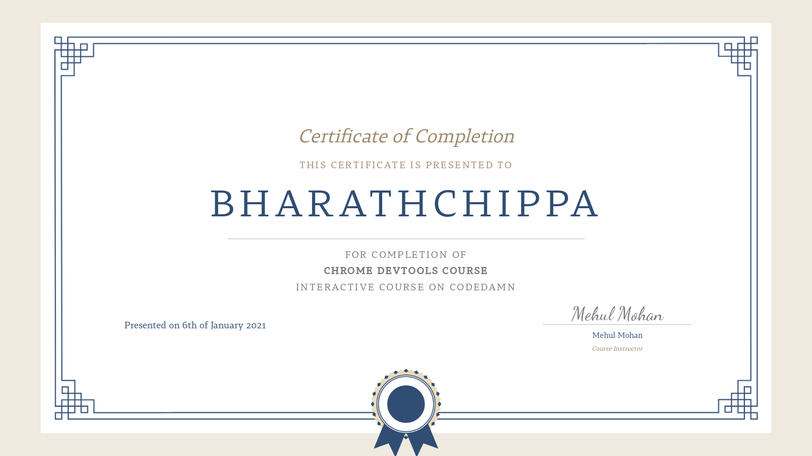 Bharath Chippa's certification for Chrome DevTools Course | codedamn