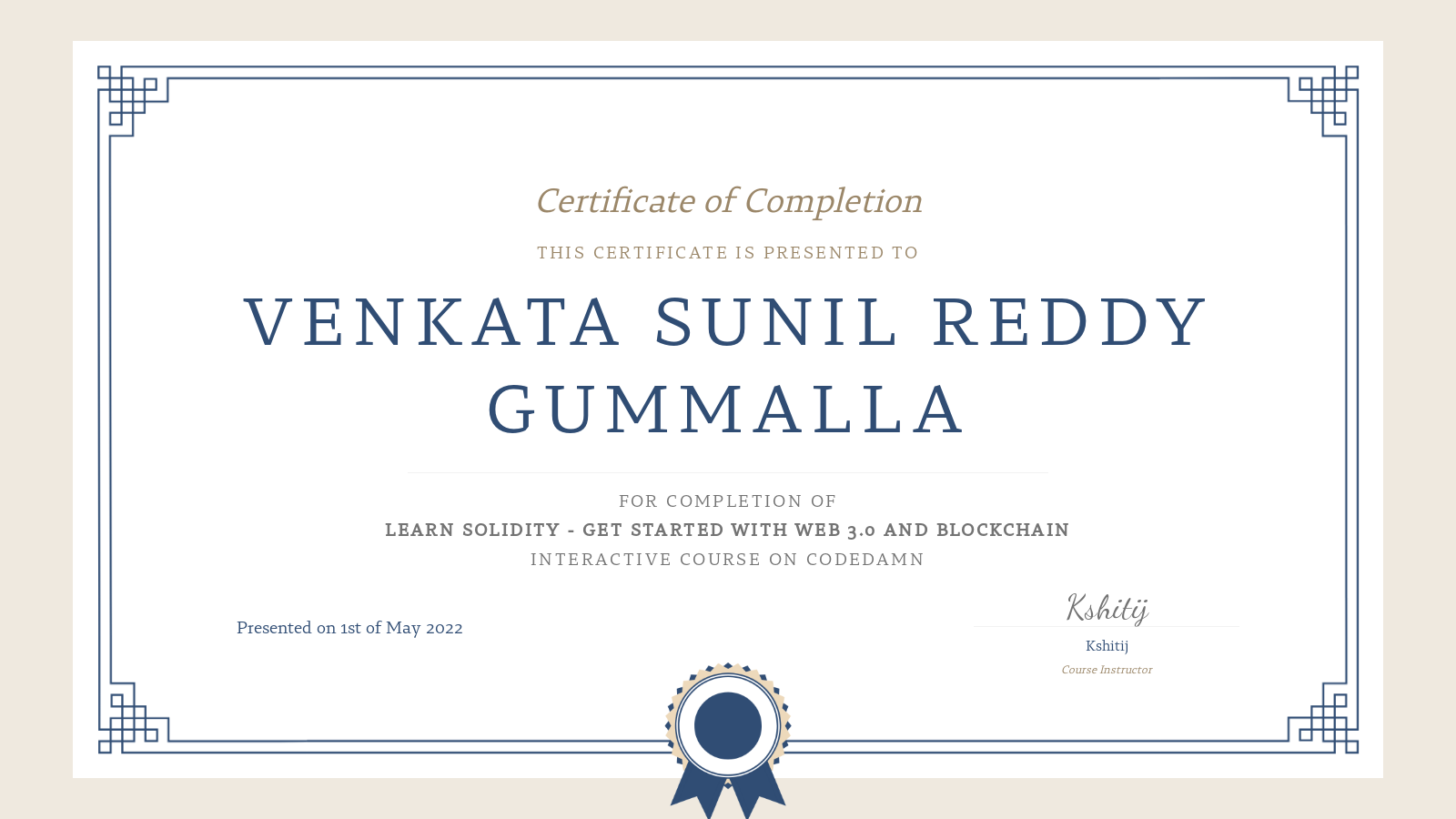 Venkata Sunil Reddy Gummalla's certification for Learn Solidity - Get Started With Web 3.0 And ...