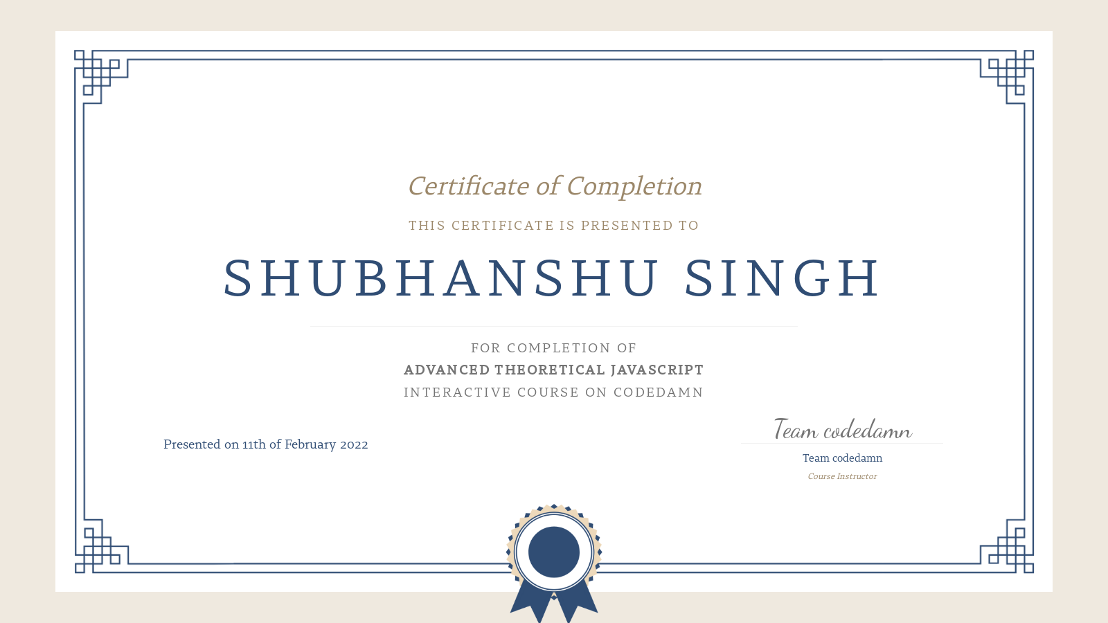 Shubhanshu Singh's certification for Advanced Theoretical JavaScript | codedamn