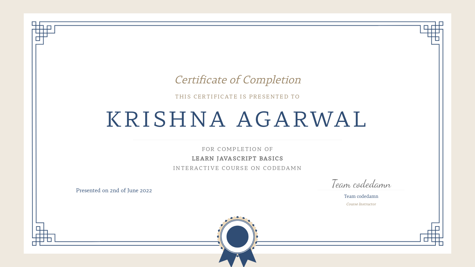 Krishna Agarwals Certification For Learn Javascript Basics Codedamn