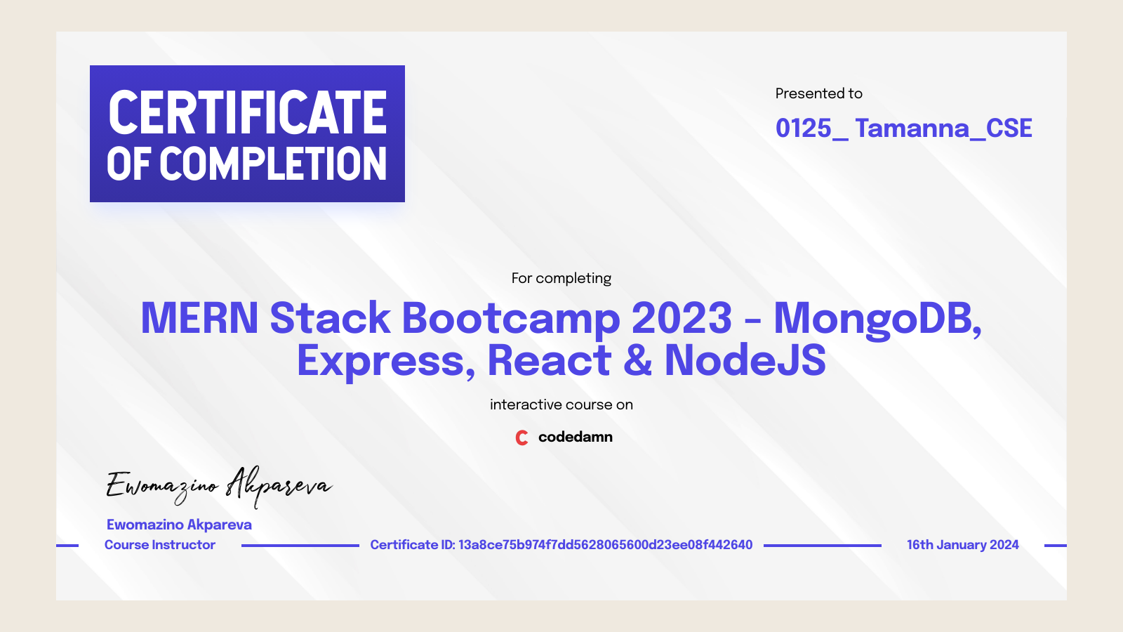 0125 Tamannacses Certification For Mern Stack Bootcamp 2023 Mongodb Express React