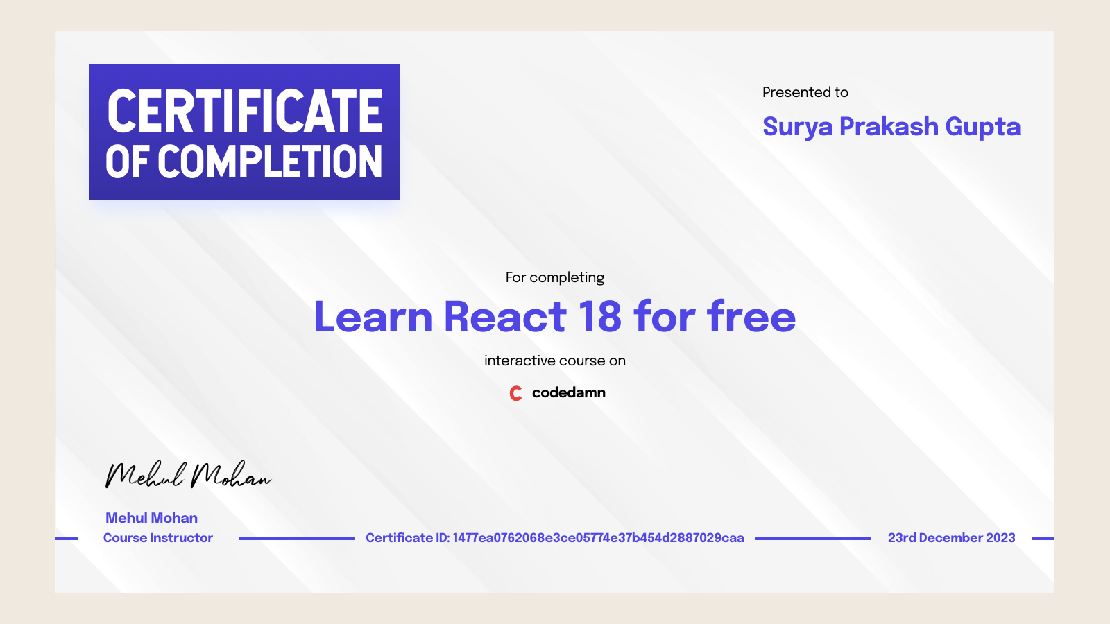 Surya Prakash Guptas Certification For Learn React 18 For Free Codedamn