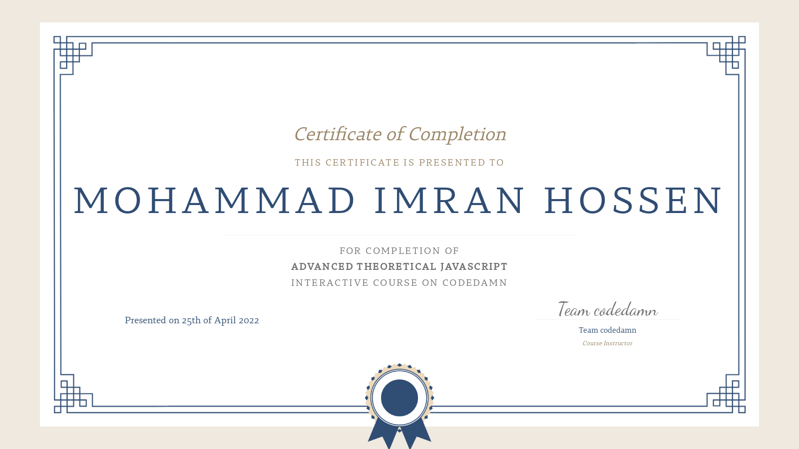 Mohammad Imran Hossen's certification for Advanced Theoretical JavaScript | codedamn