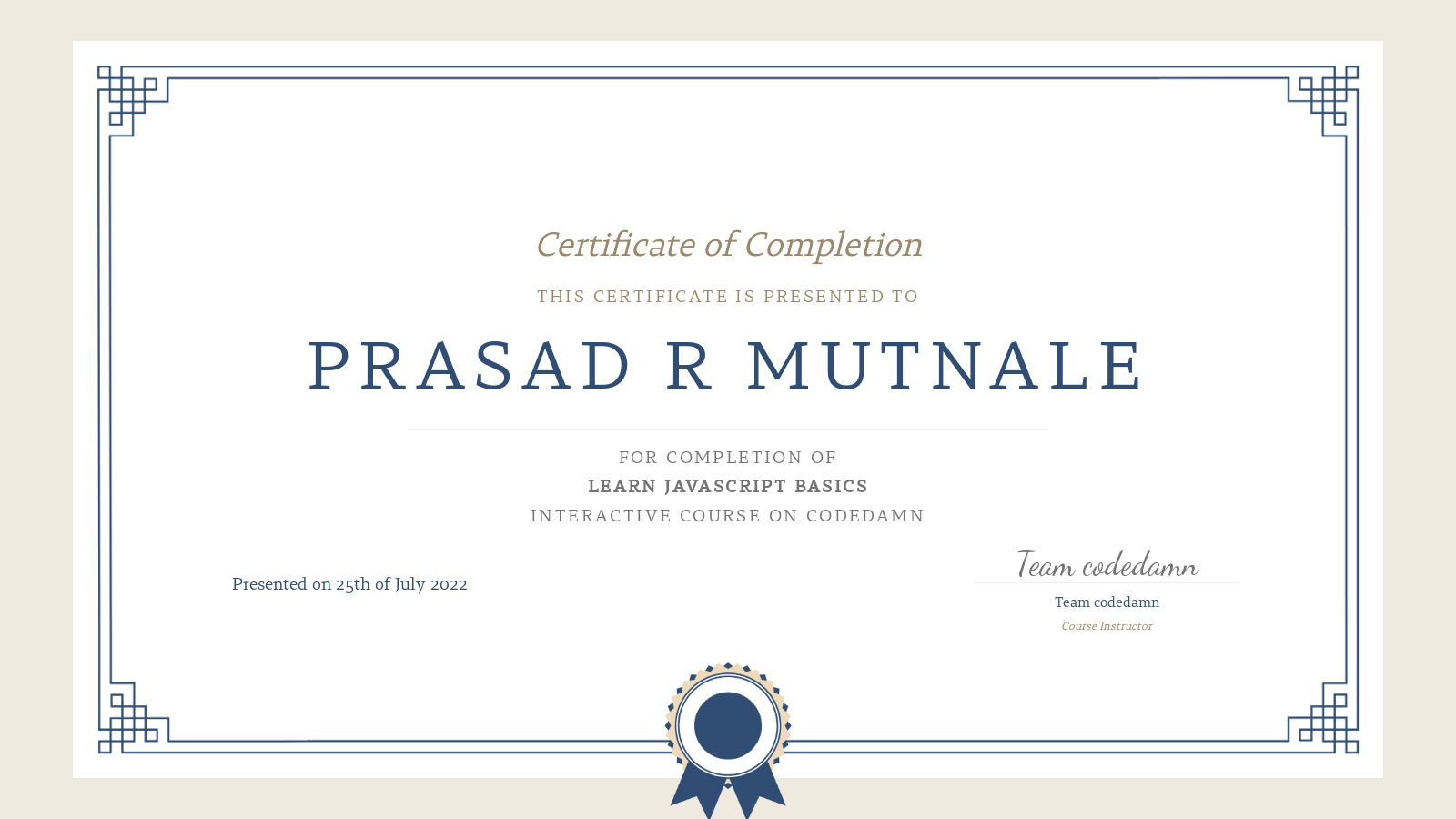 Prasad R Mutnale's certification for Learn JavaScript Basics | codedamn
