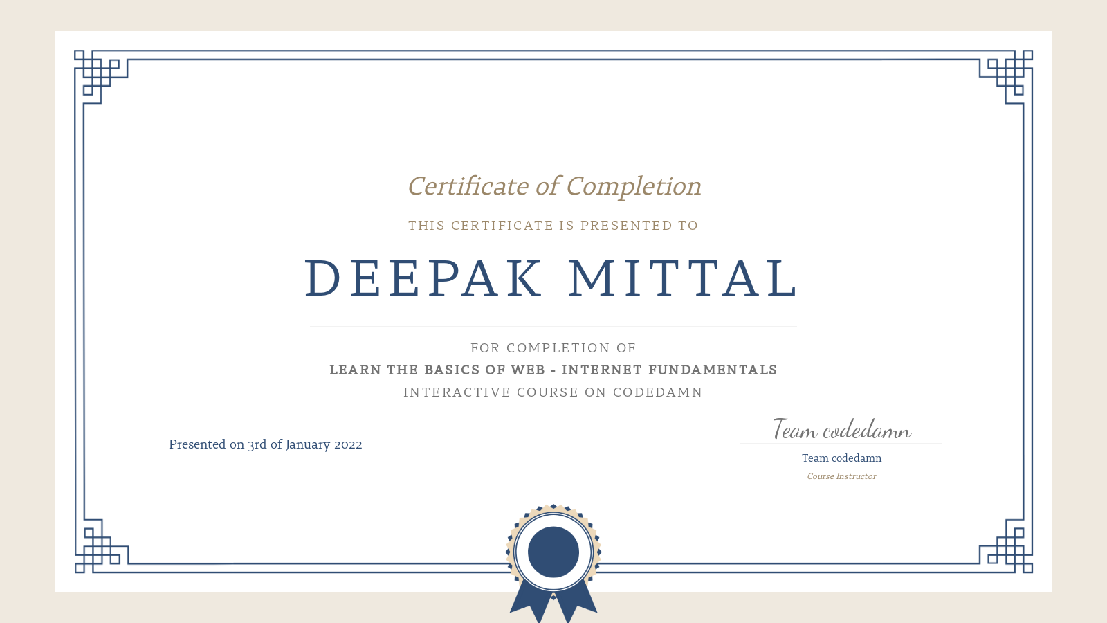 Deepak Mittal's certification for Learn the basics of web - Internet fundamentals | codedamn