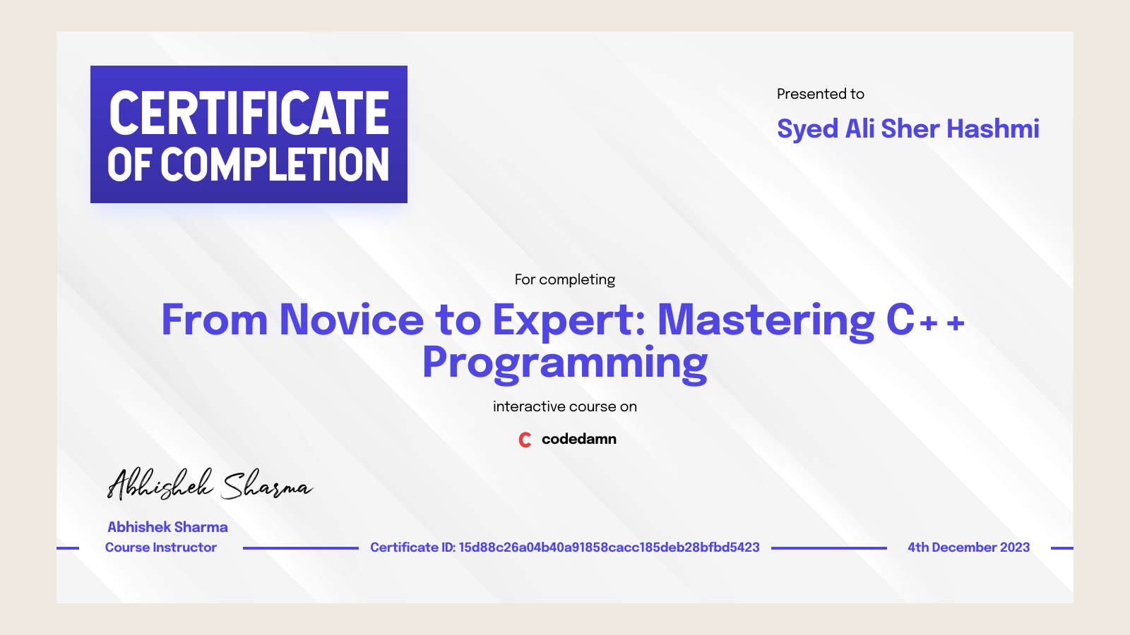 Syed Ali Sher Hashmi's certification for From Novice to Expert ...