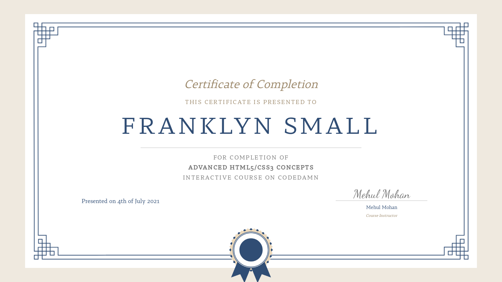Franklyn Small S Certification For Learn Advanced Html And Css Concepts [updated 2023] Codedamn