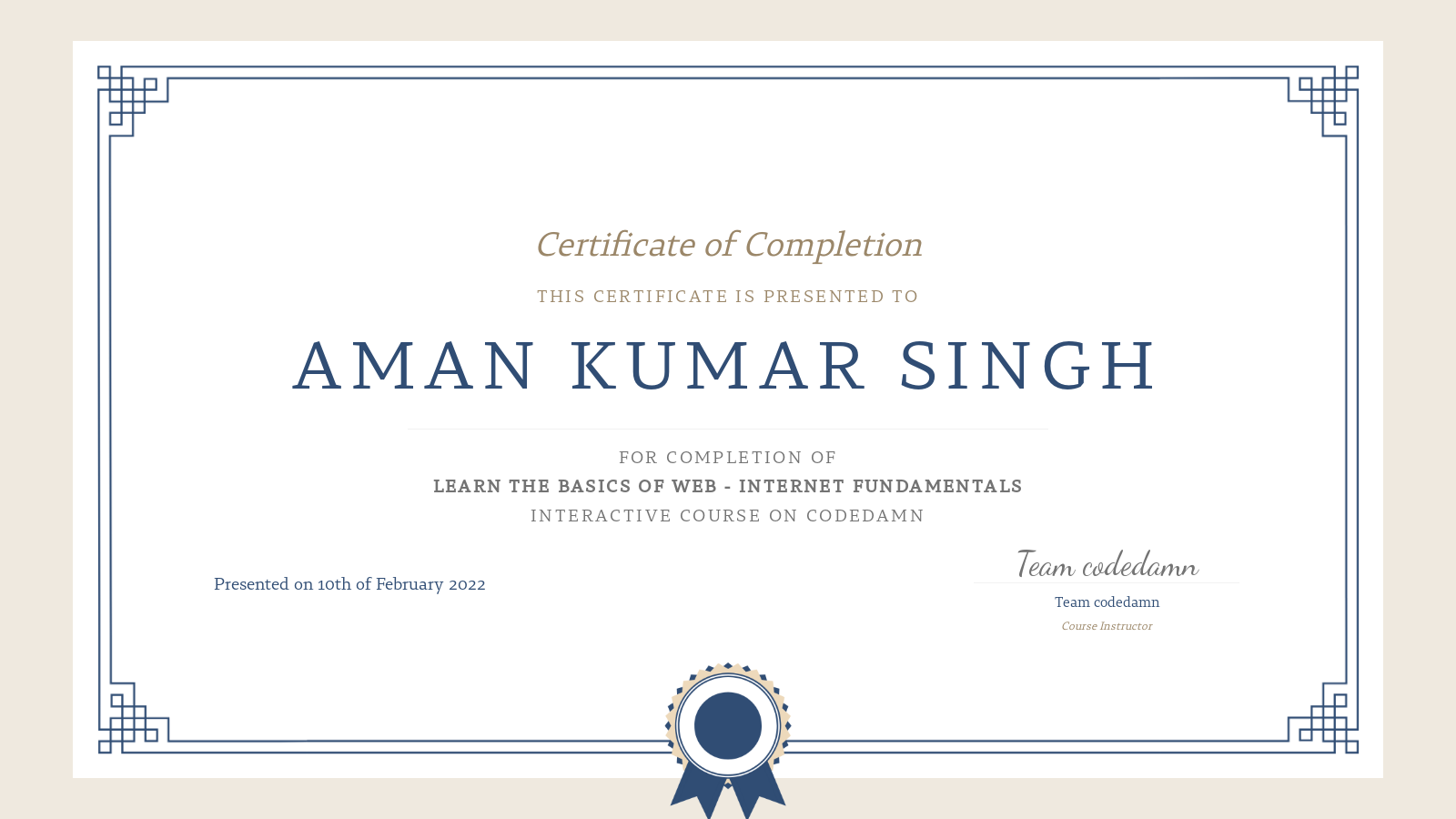Aman Kumar Singh's certification for Learn the basics of web - Internet fundamentals | codedamn