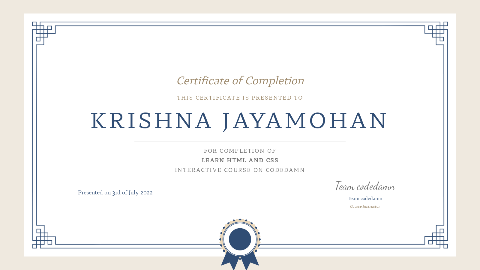 krishna jayamohan's certification for Learn HTML and CSS [2023 Ready] | codedamn