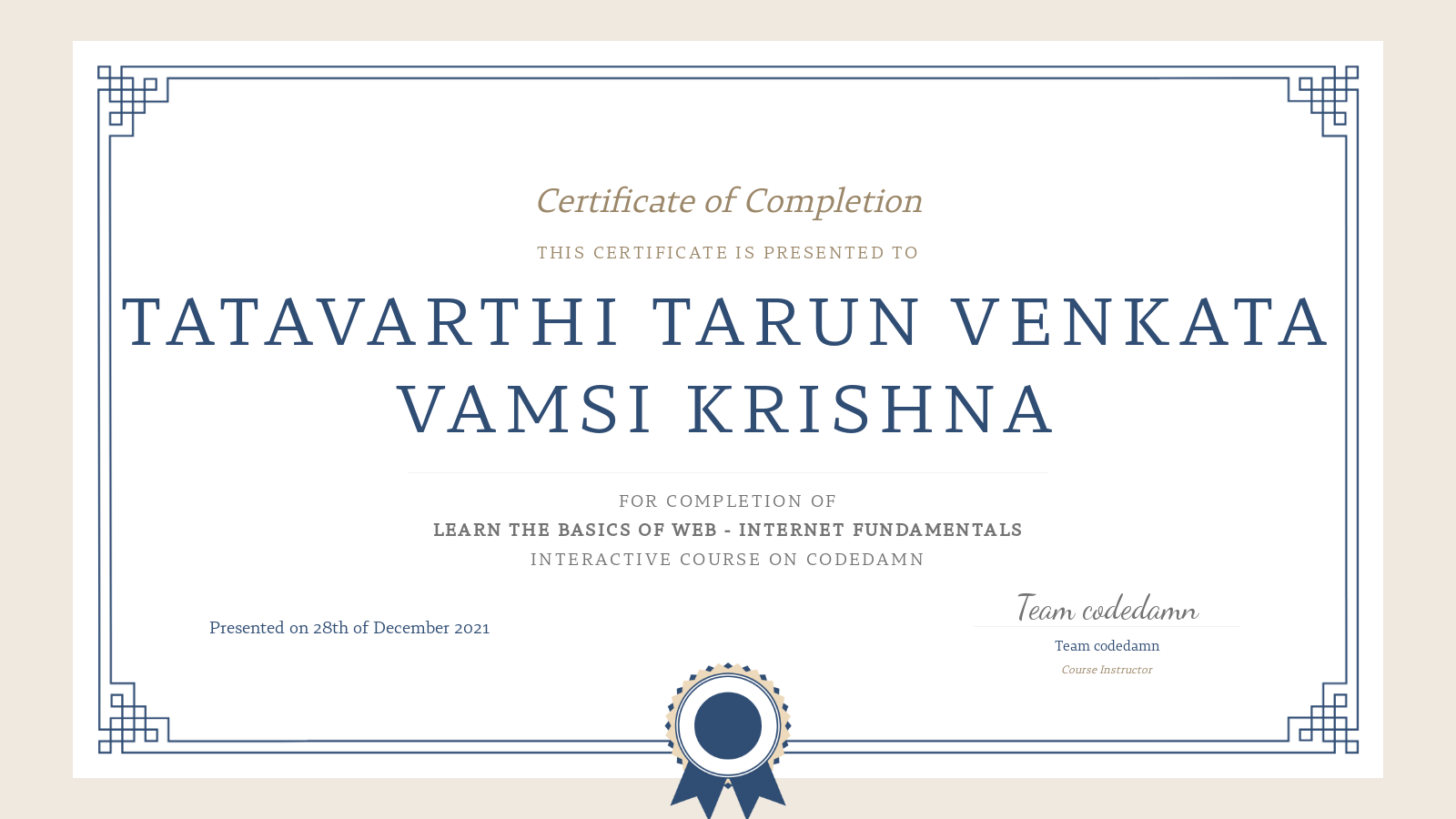 Tatavarthi Tarun Venkata Vamsi Krishna S Certification For Learn The Basics Of Web Internet