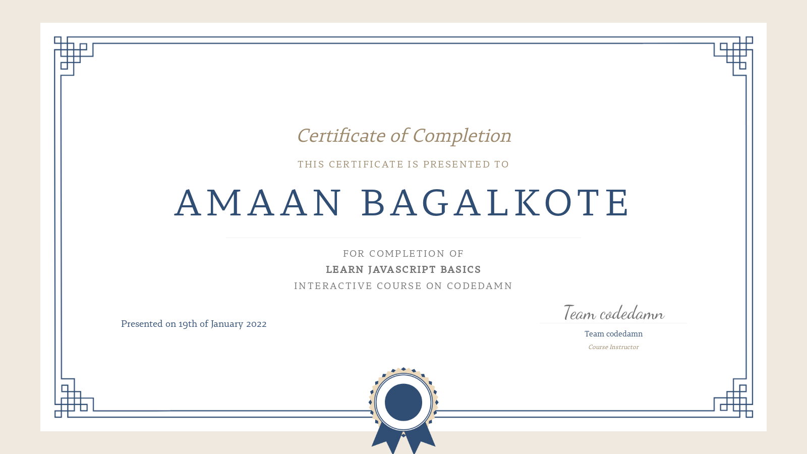 Amaan Bagalkote's certification for Learn JavaScript Basics | codedamn