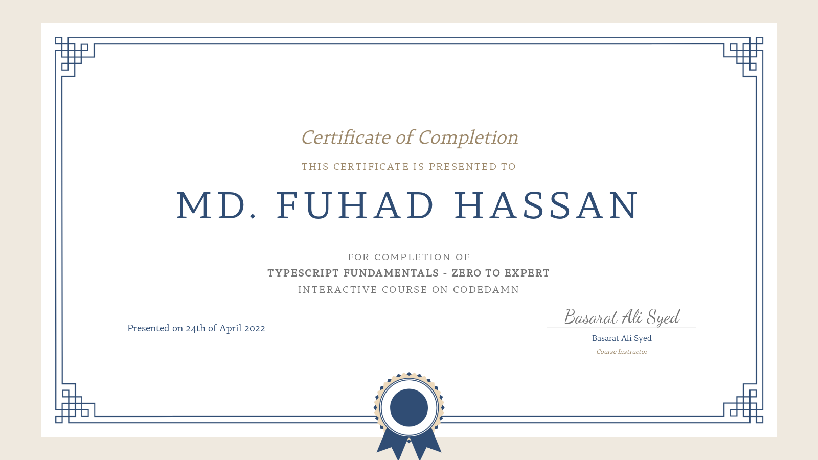 MD. Fuhad Hassan's certification for TypeScript Fundamentals - Zero to ...