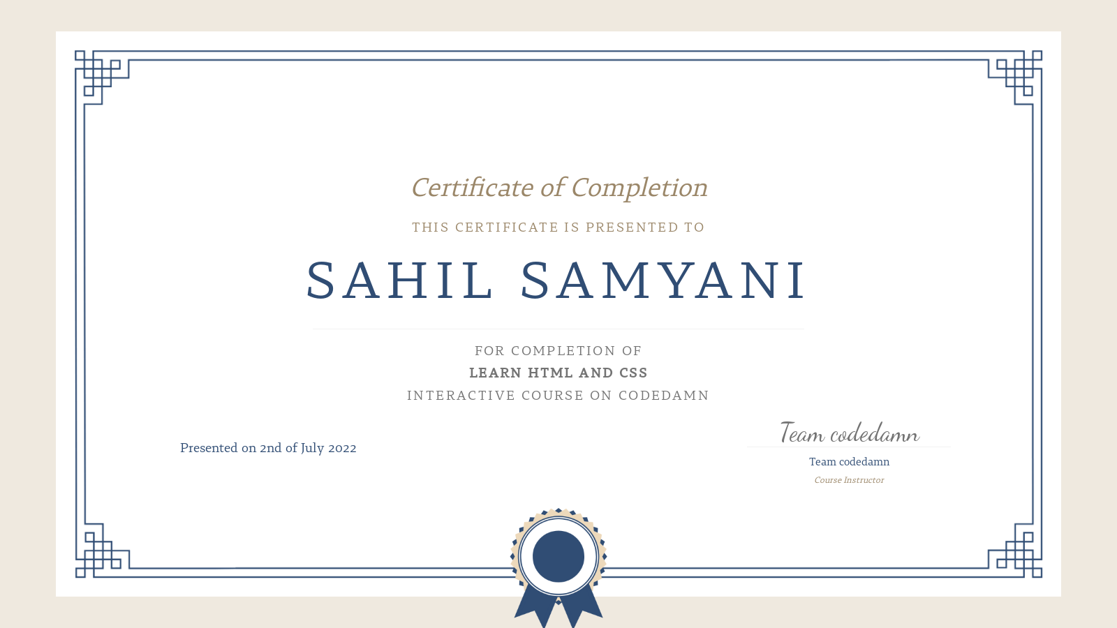 Sahil Samyanis Certification For Learn Html And Css 2023 Ready Codedamn 