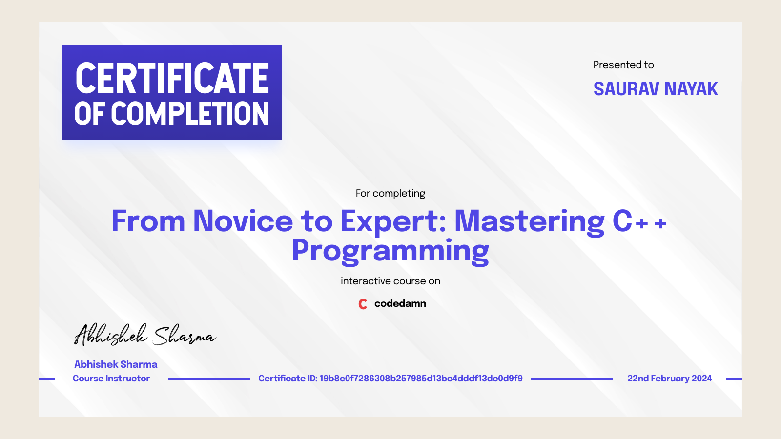 SAURAV NAYAK's certification for From Novice to Expert: Mastering C++ Programming | codedamn