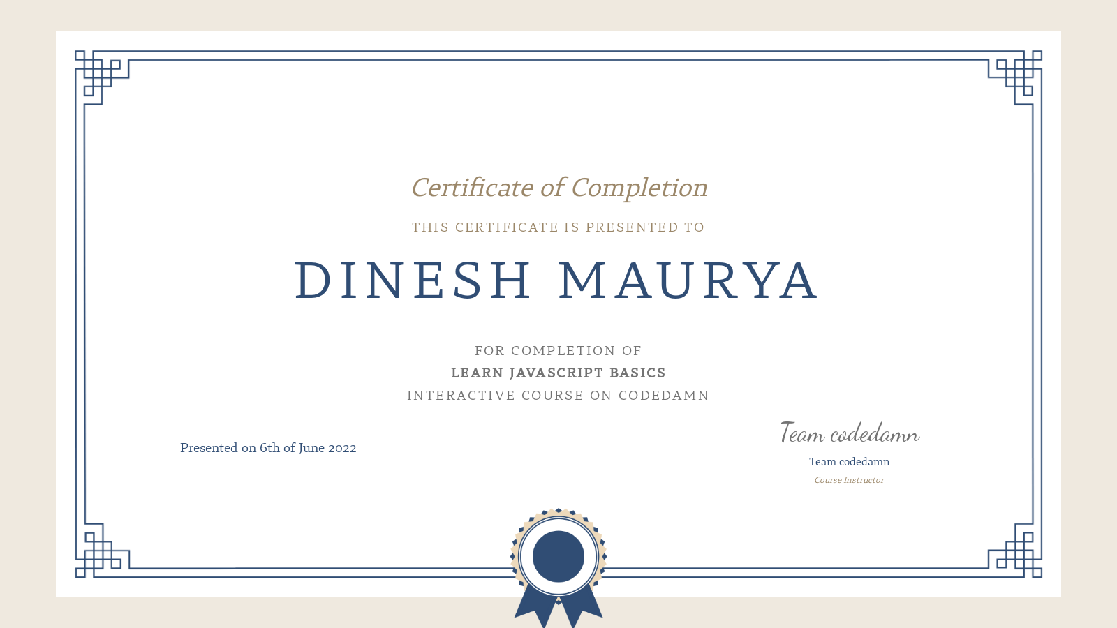 Dinesh Mauryas Certification For Learn Javascript Basics Codedamn 9315