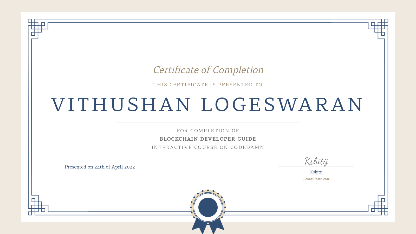 Vithushan Logeswaran's certification for Blockchain Developer Guide | codedamn