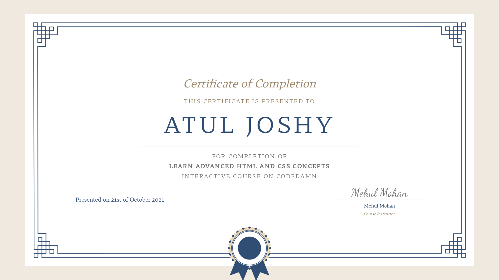 Atul Joshy's certification for Learn Advanced HTML and CSS Concepts ...
