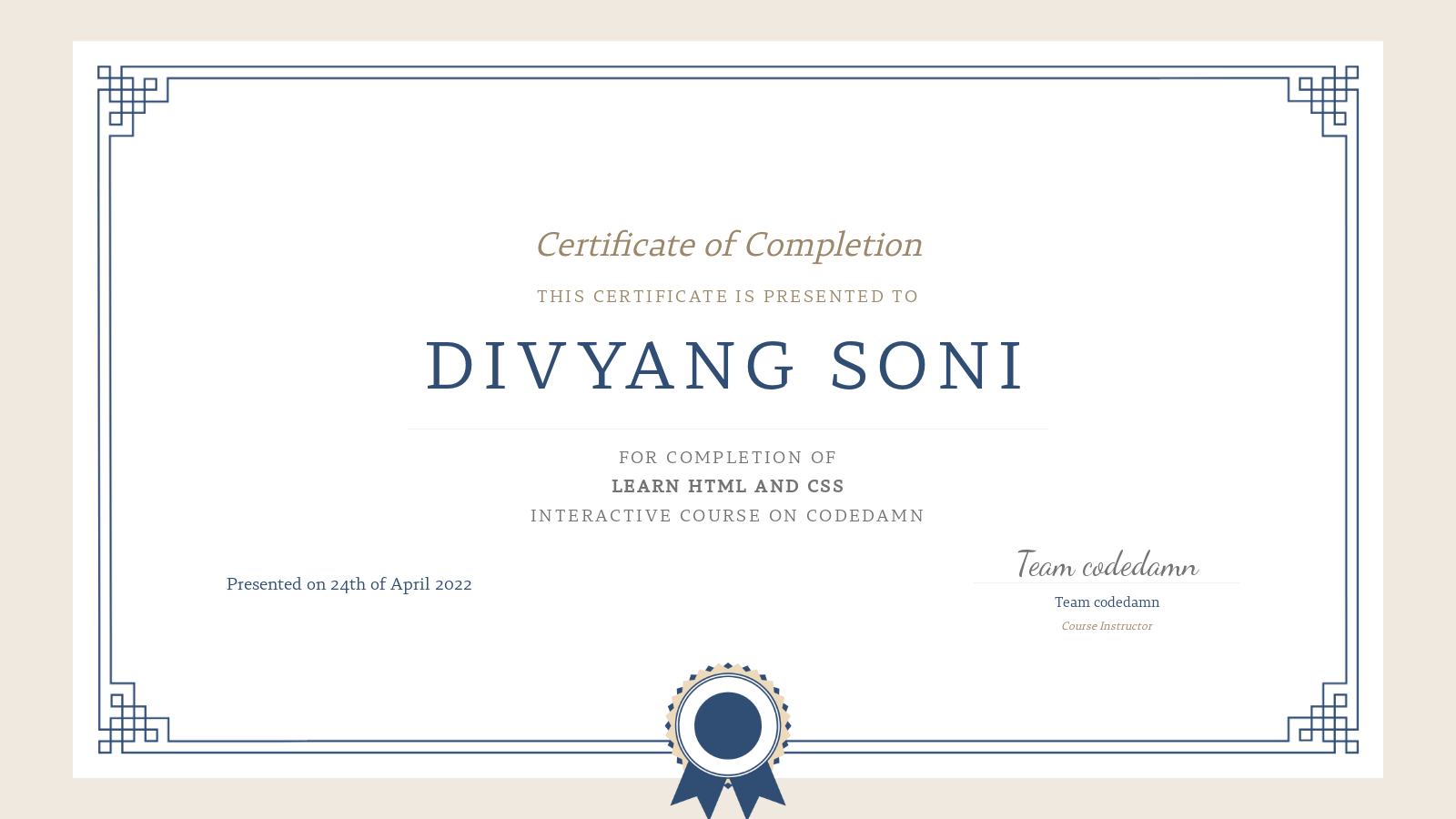 Divyang Sonis Certification For Learn Html And Css 2023 Ready Codedamn 