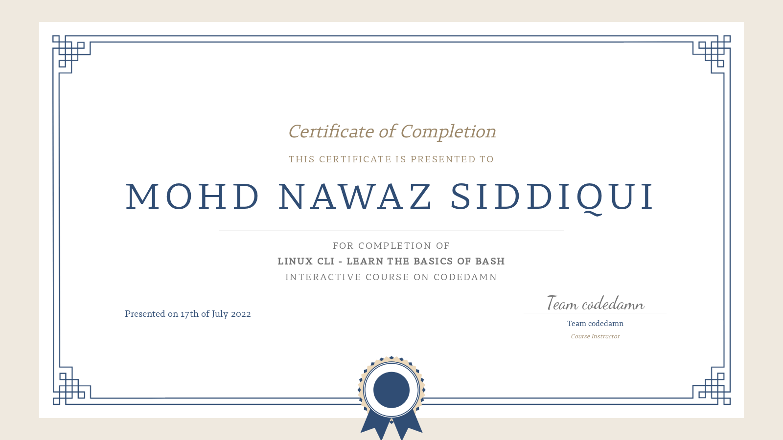 Mohd Nawaz Siddiqui's certification for Linux CLI - Learn the basics of bash | codedamn