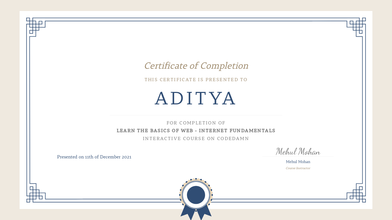 Aditya's certification for Learn the basics of web - Internet fundamentals | codedamn