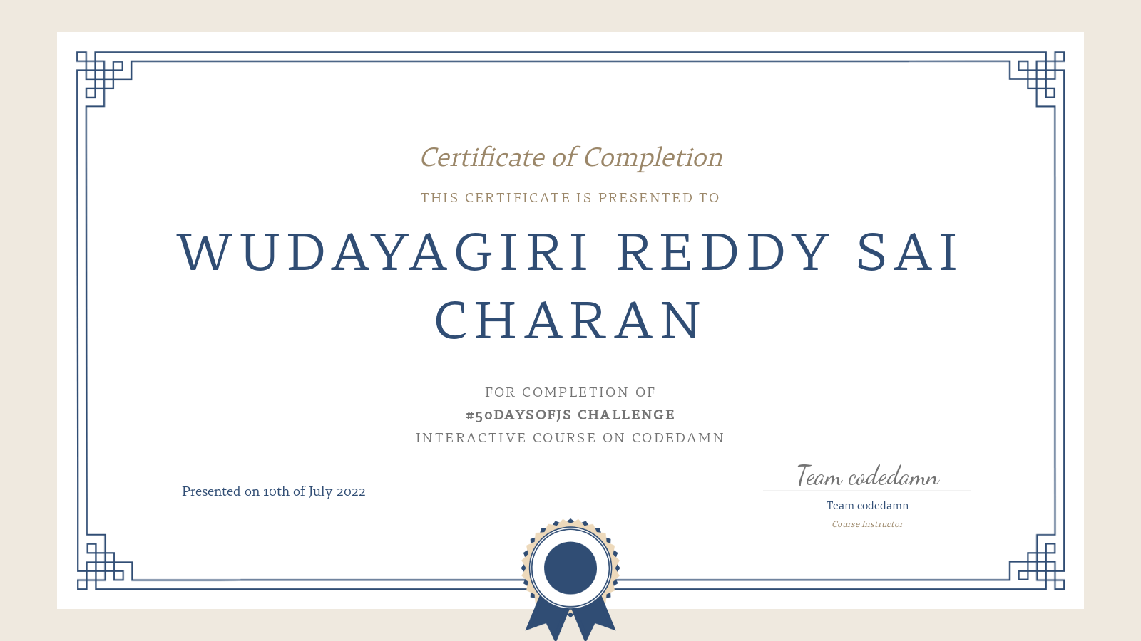 Wudayagiri Reddy Sai Charan's certification for #50DaysOfJS Challenge | codedamn