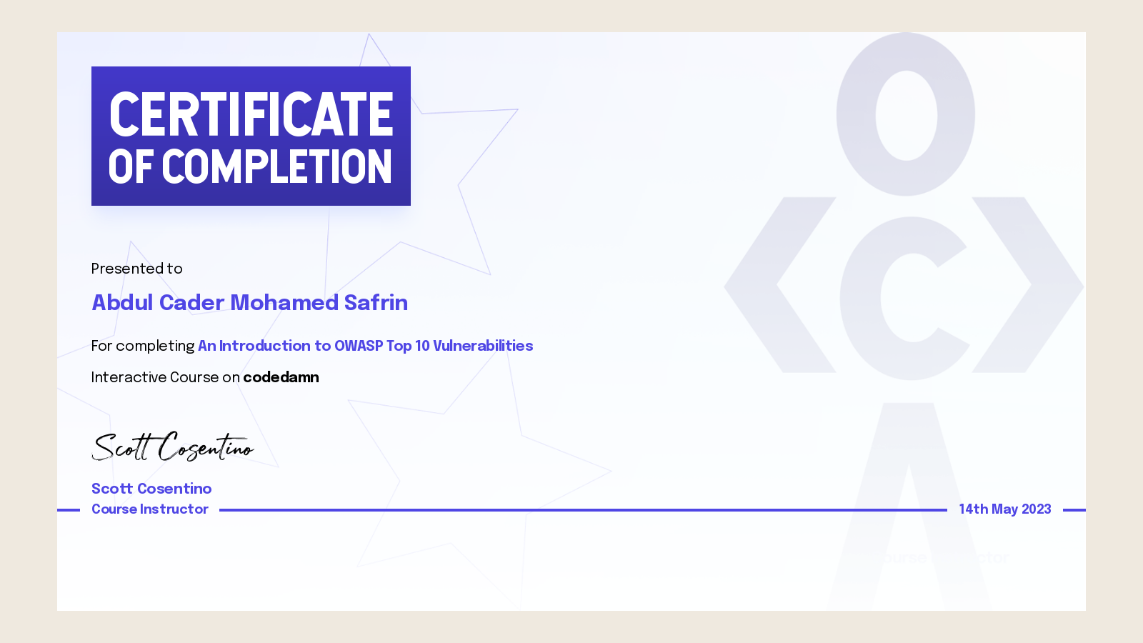 Abdul Cader Mohamed Safrin's certification for An Introduction to OWASP ...