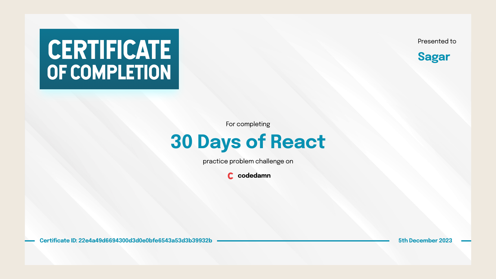Sagar's certification for 30 Days of React | codedamn