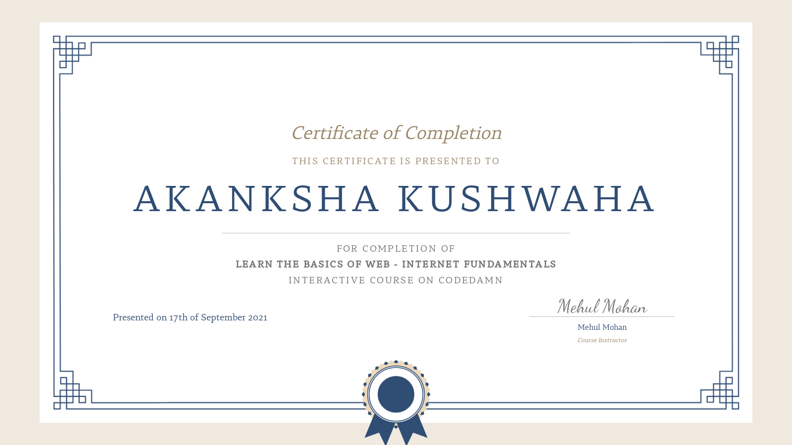 Akanksha Kushwahas Certification For Learn The Basics Of Web Internet Fundamentals Codedamn 