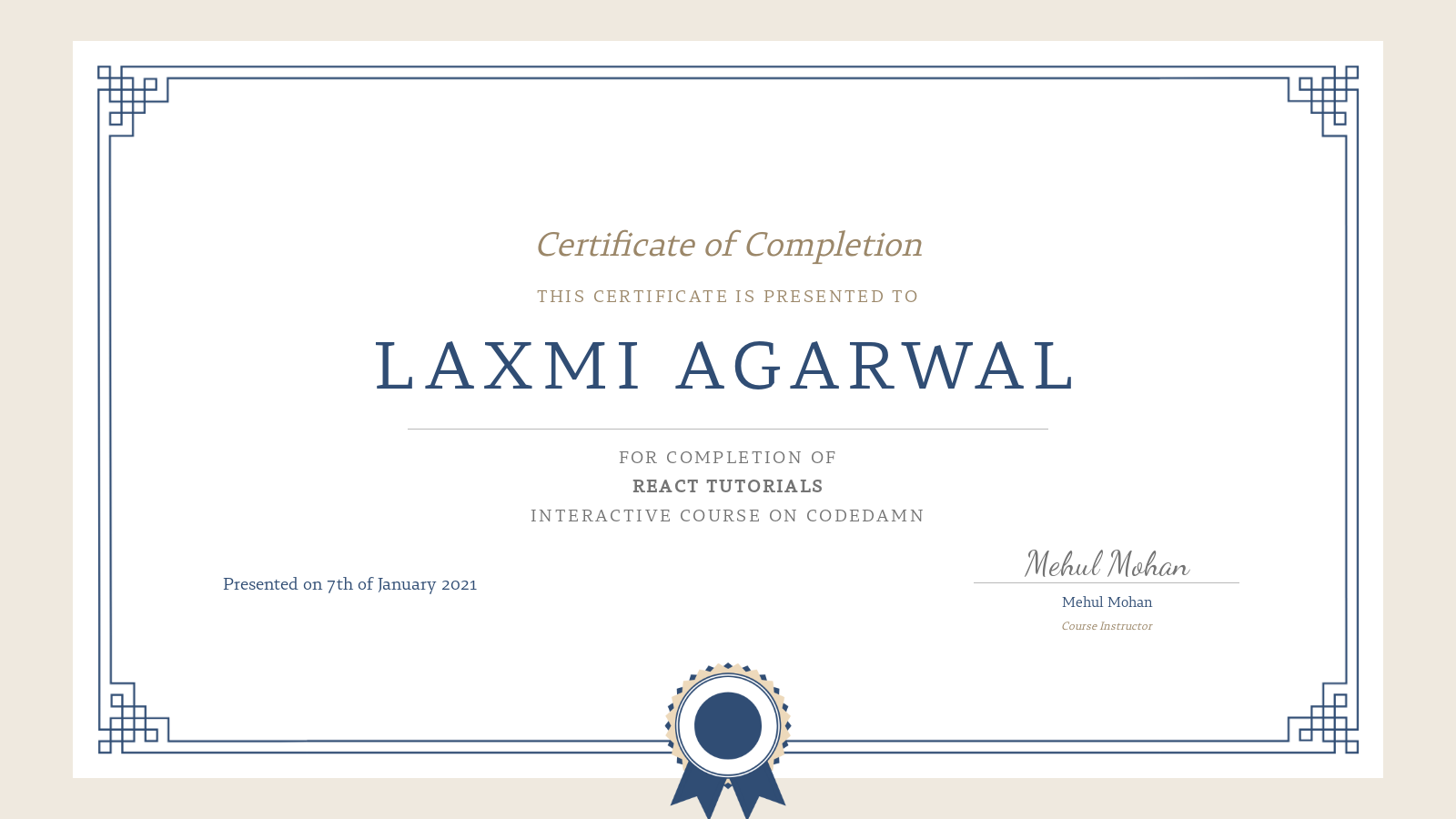 Laxmi Agarwal's certification for Learn React 18 for free | codedamn