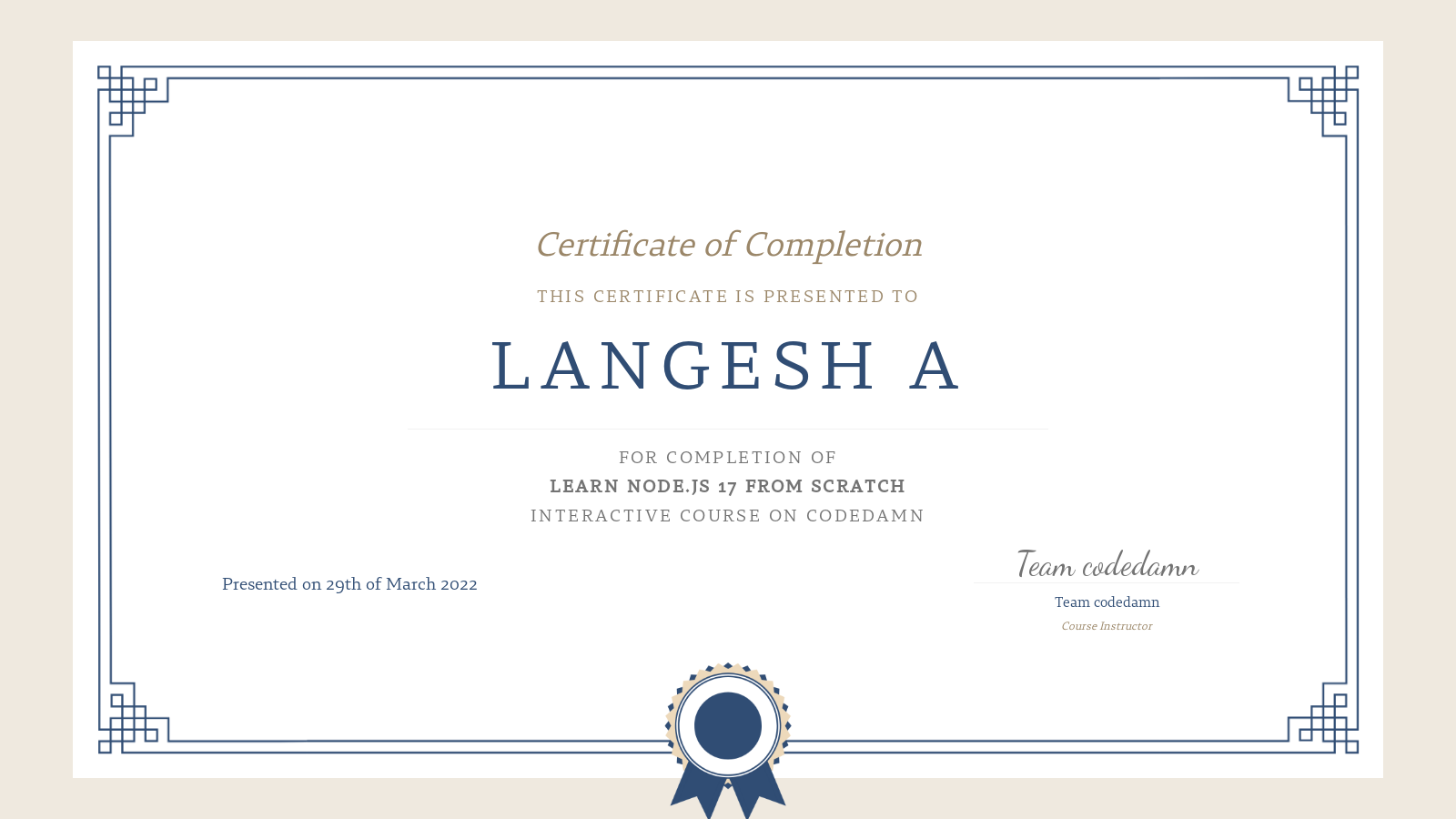 Langesh A's certification for Learn Node.js From Scratch | codedamn