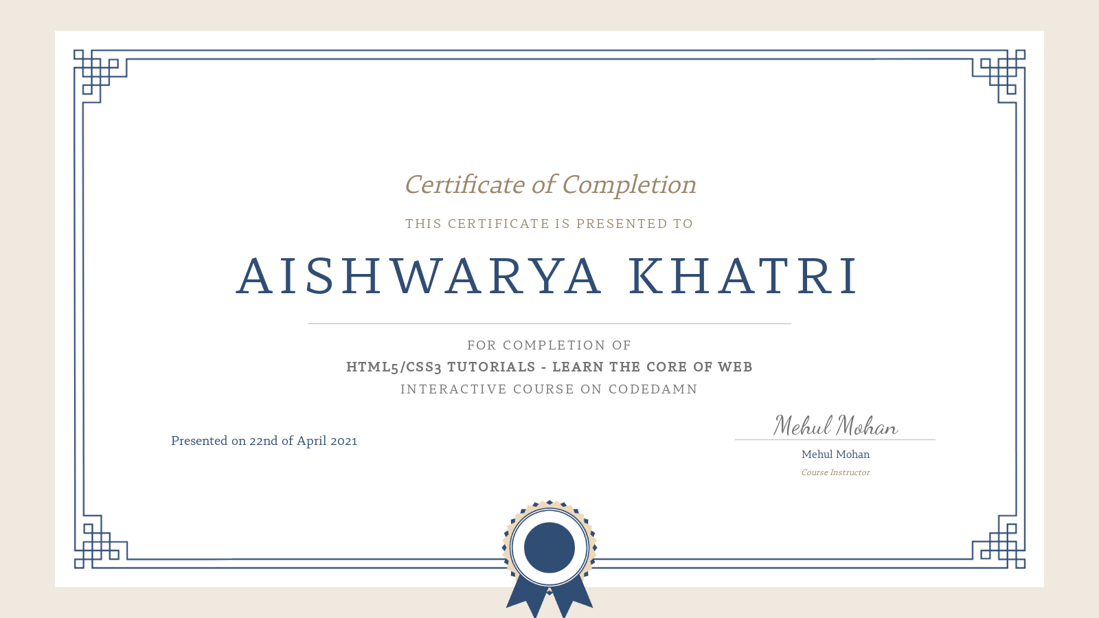 Aishwarya Khatris Certification For Learn Html And Css 2023 Ready Codedamn 9233