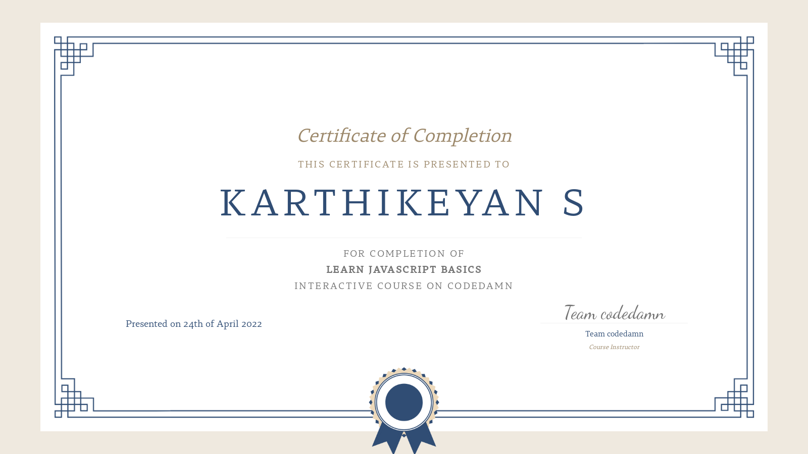 Karthikeyan S's certification for Learn JavaScript Basics | codedamn