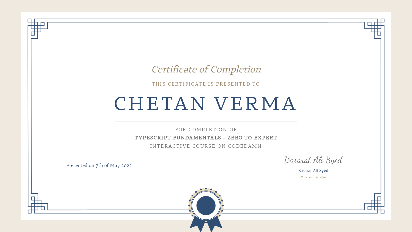 Chetan Verma's certification for TypeScript Fundamentals - Zero to Expert | codedamn