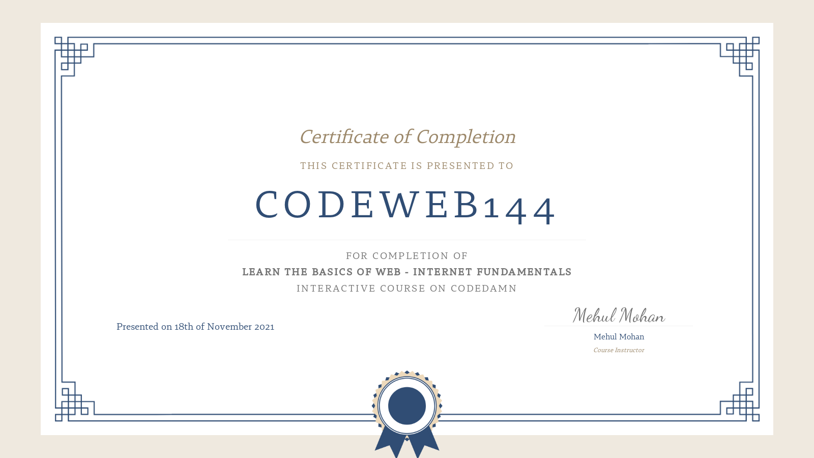 codeweb144's certification for Learn the basics of web - Internet fundamentals | codedamn