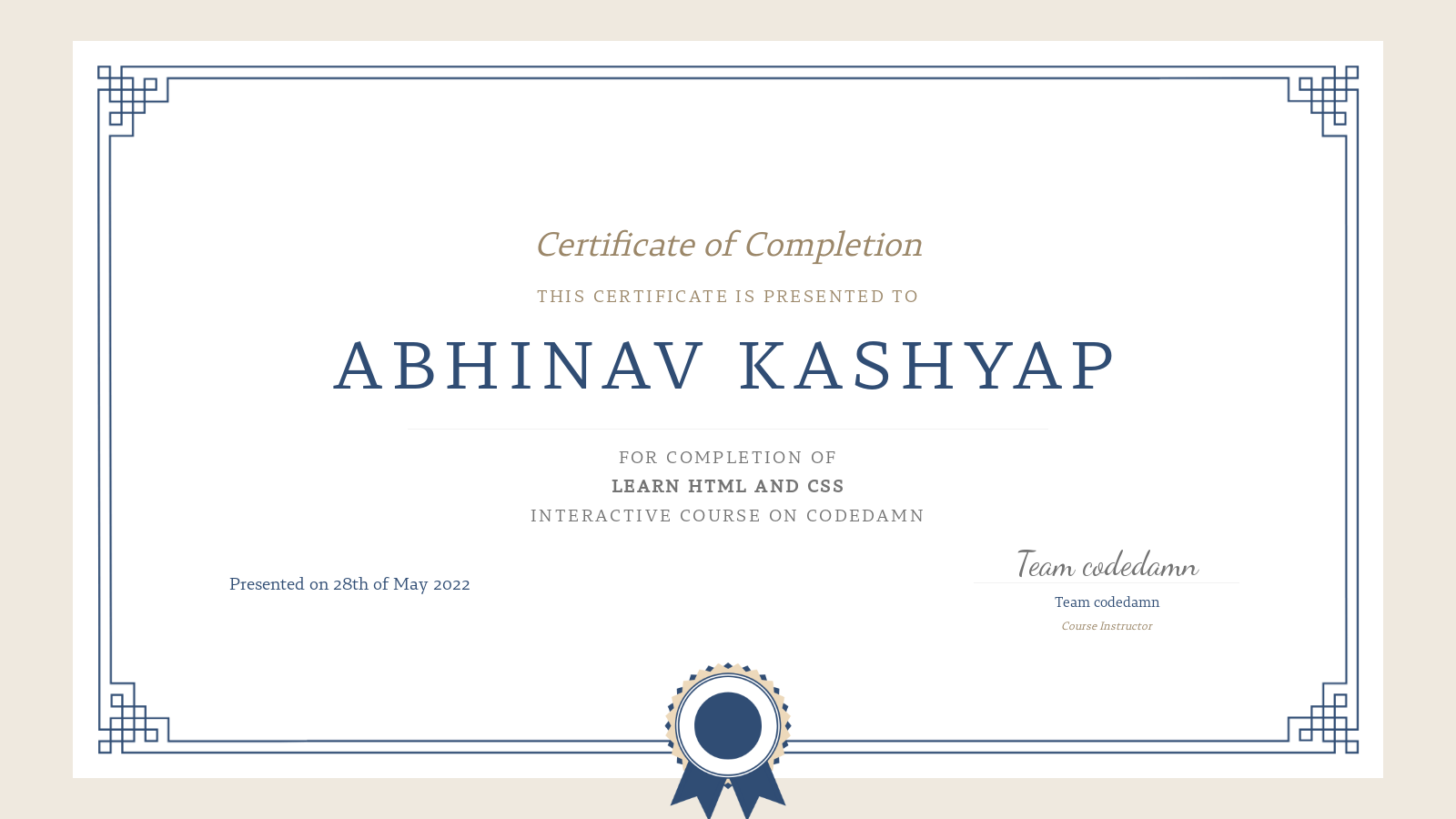 Abhinav Kashyap's certification for Learn HTML and CSS [2024 Ready] | codedamn