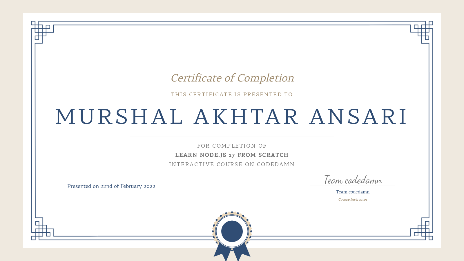 Murshal Akhtar Ansari's certification for Learn Node.js From Scratch | codedamn