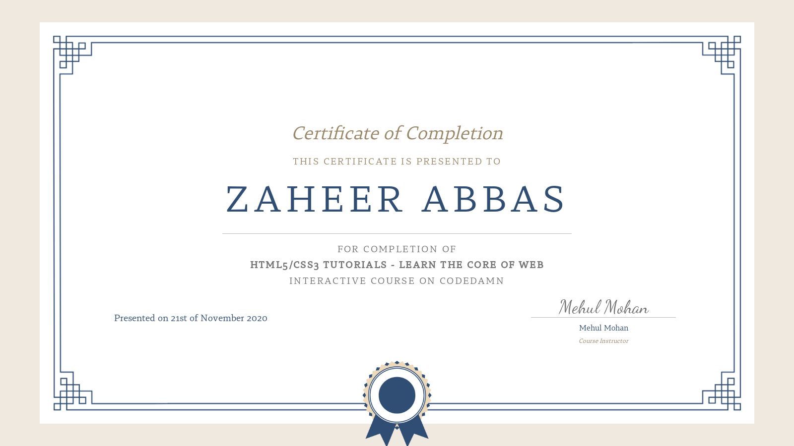 Nasir Khan's certification for Learn HTML and CSS [2023 Ready] | codedamn