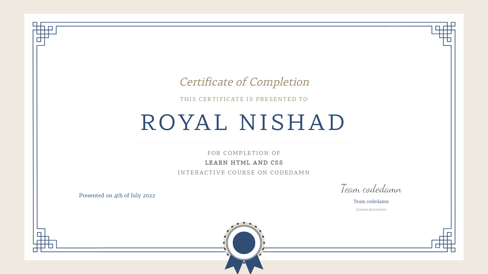 Royal Nishad's certification for Learn HTML and CSS [2023 Ready] | codedamn