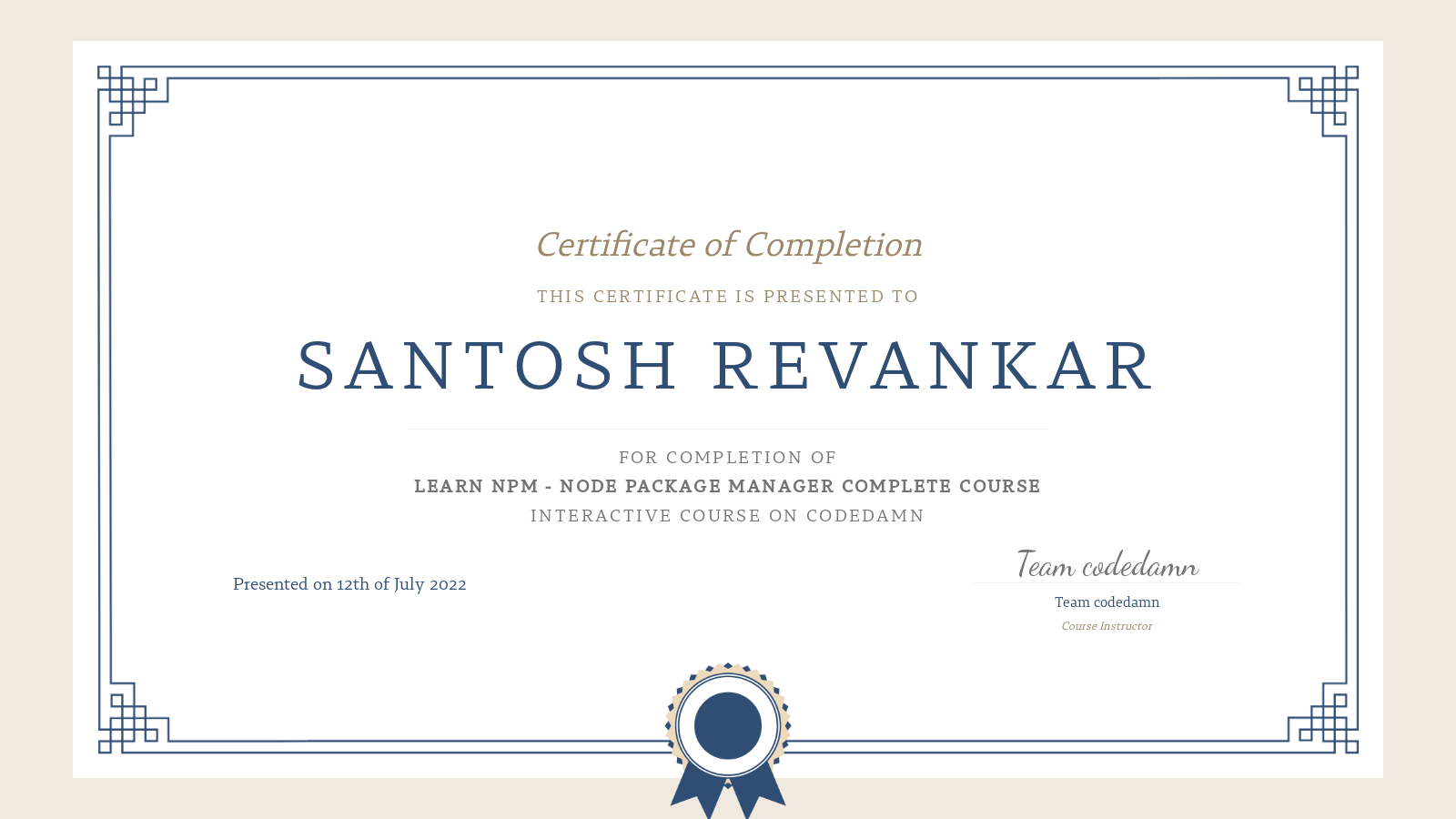Santosh Revankar's certification for Learn NPM - Node Package Manager complete course | codedamn