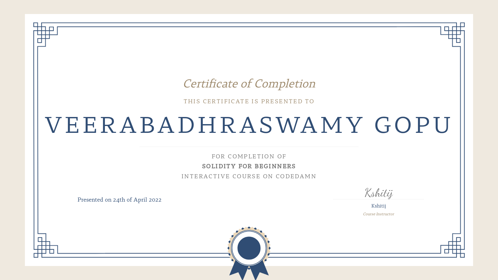 VeeraBadhraSwamy Gopu's certification for Solidity For Beginners | codedamn